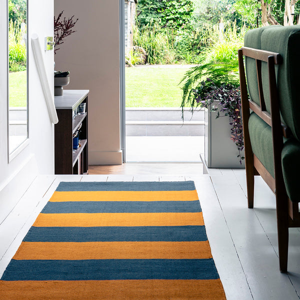 Uma Striped Orange & Blue Rug and Runner Handmade Flatweave Wool - The Colour Flooring Company