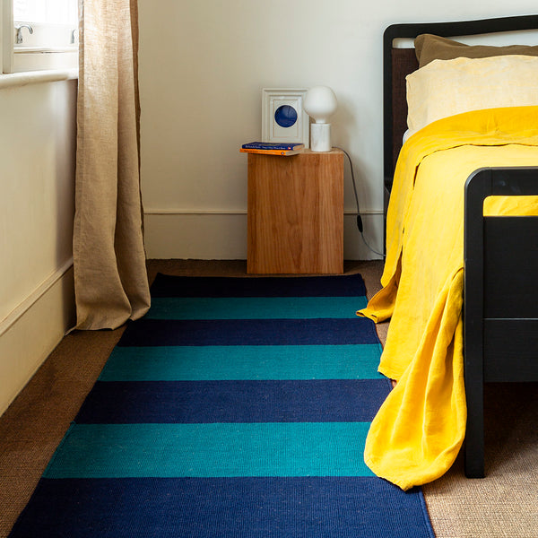 100% wool, handmade striped sky blue and navy rugs and runners - The ...